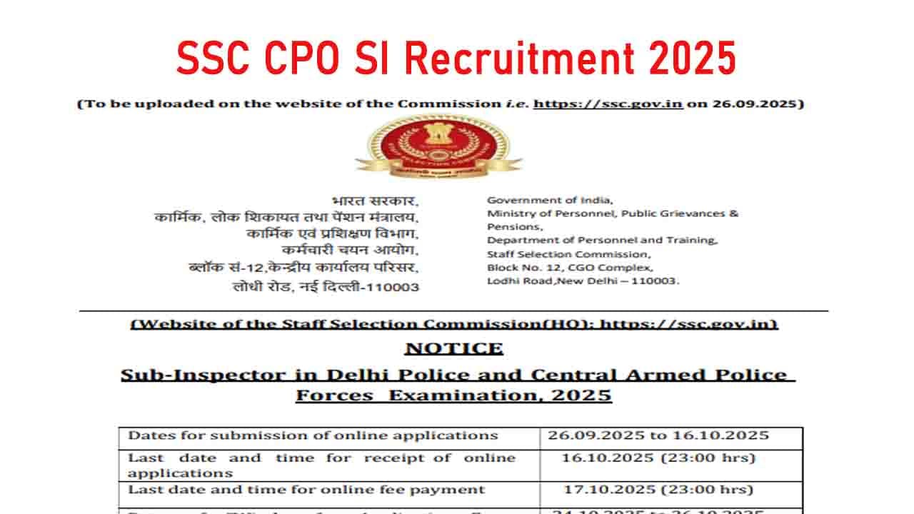 SSC CPO SI Recruitment 2025: एसएससी सीपीओ एसआई भर्ती का 3073 पदों पर ...