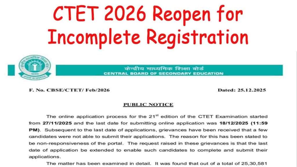 CTET 2026 Reopen for Incomplete Registration: जिन उम्मीदवारों का ...